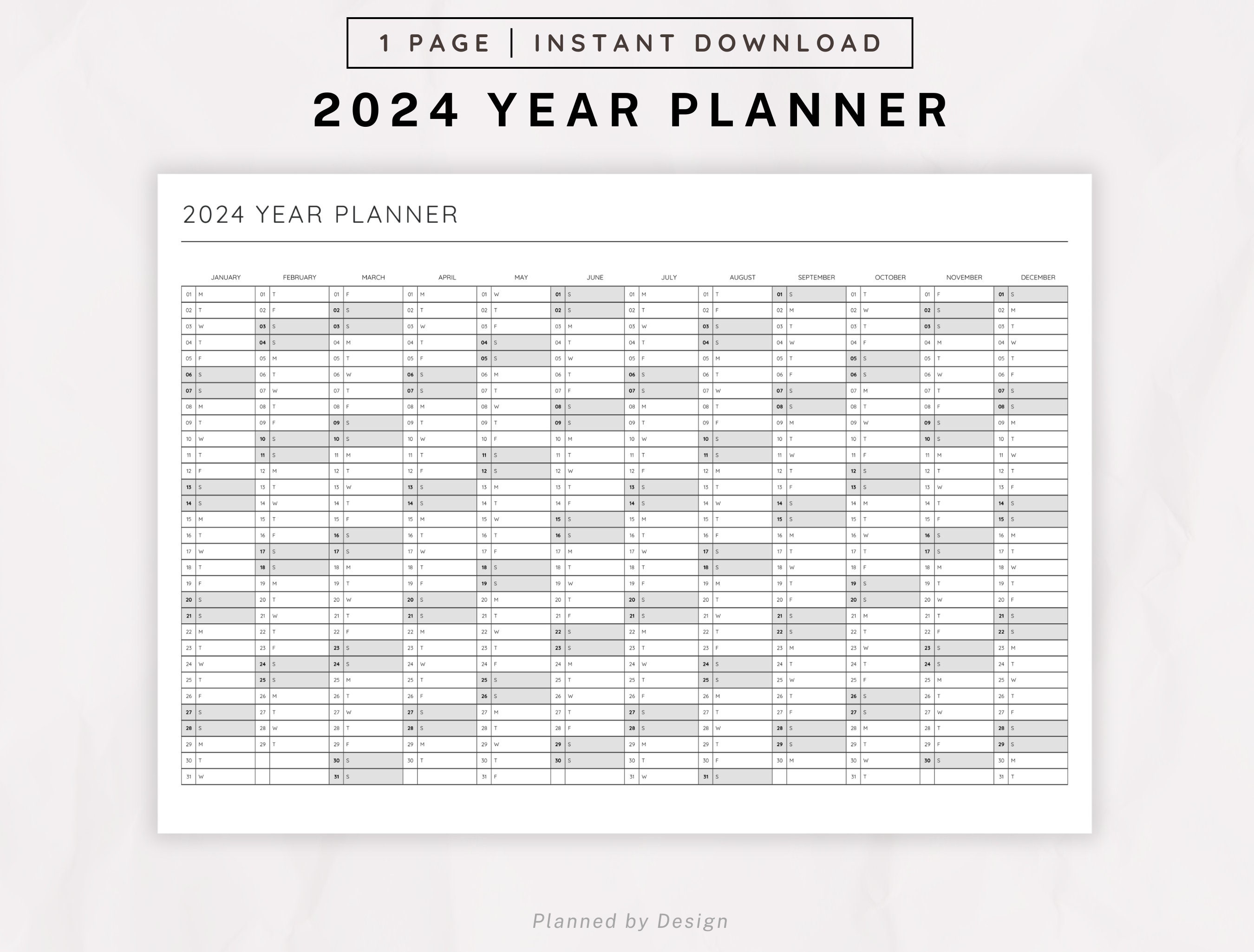 2024 Year Planner, Printable PDF, Year Calendar, Wall Calendar, One ...