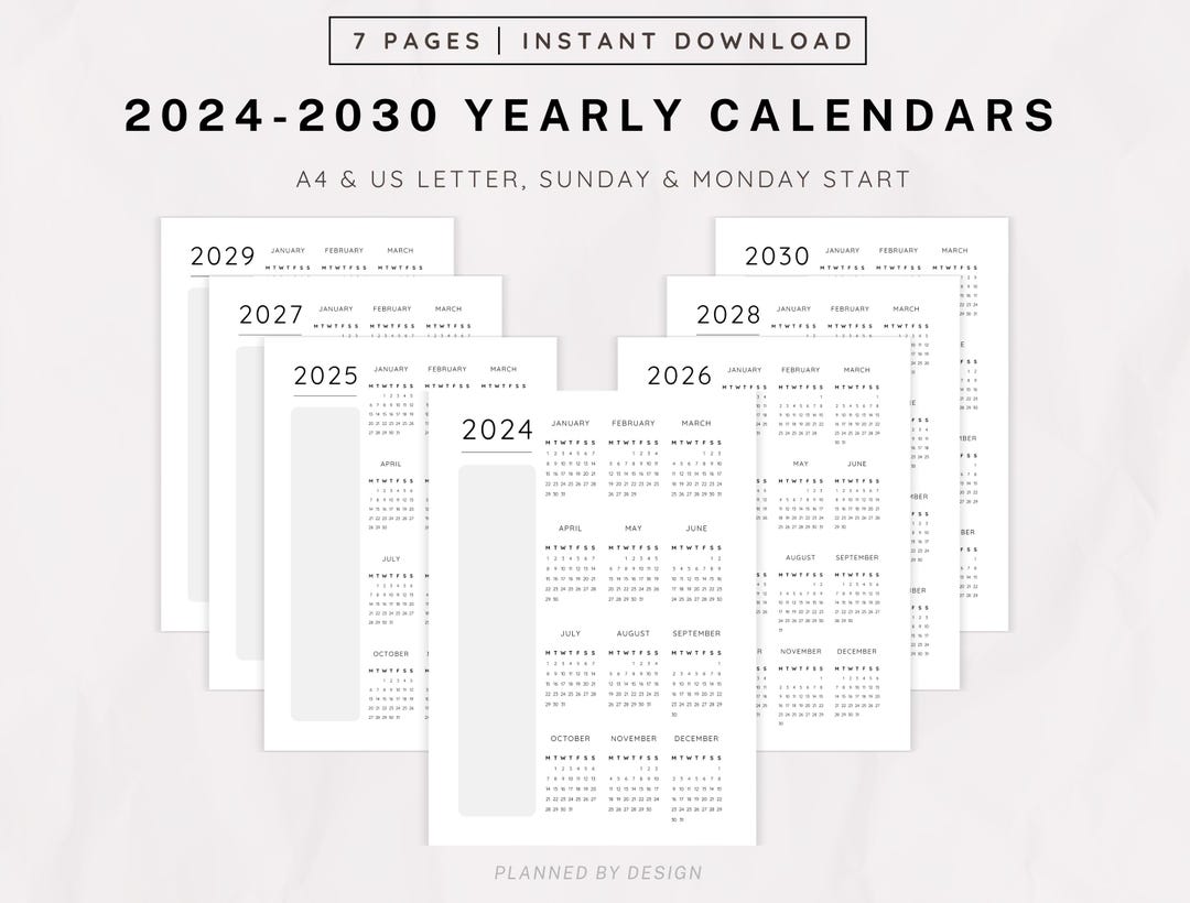 2024 2030 Yearly Calendars, 7 Pages, Printable PDF, Year Calendar, Wall ...