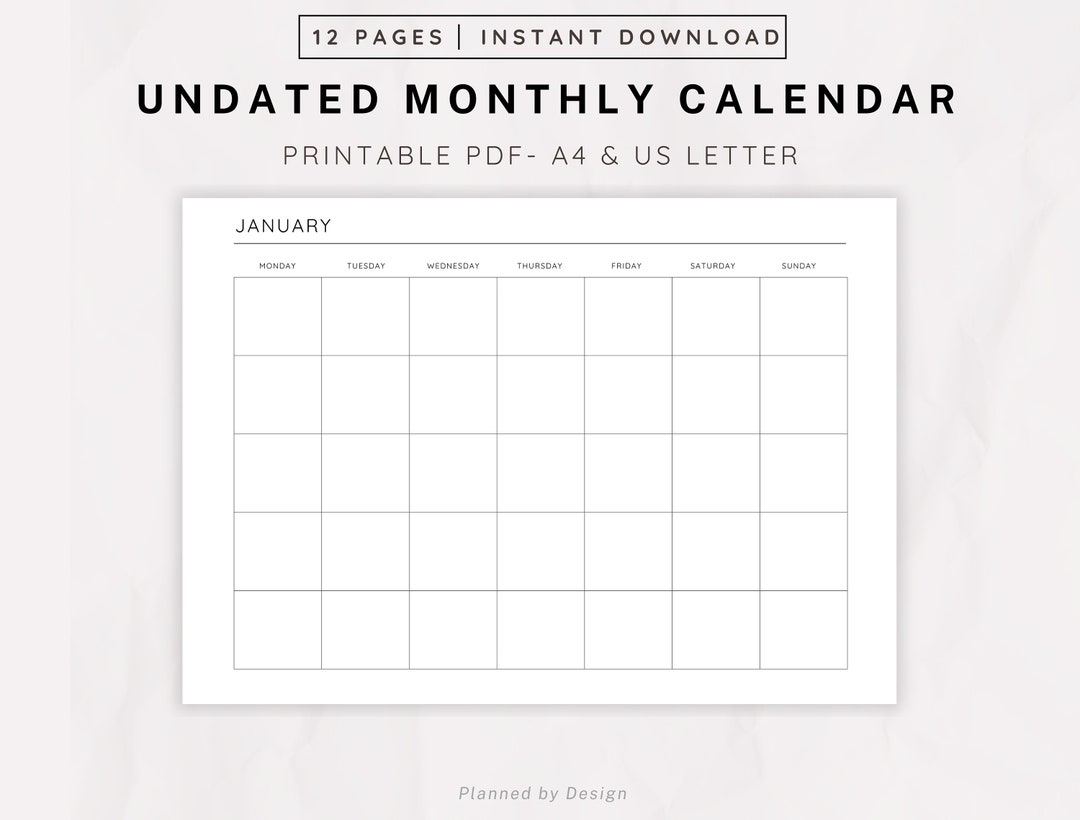 Undated Monthly Calendar, Printable Calendar, PDF, Wall Calendar ...