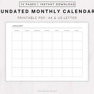 Undated Monthly Calendar, Printable Calendar, PDF, Wall Calendar ...