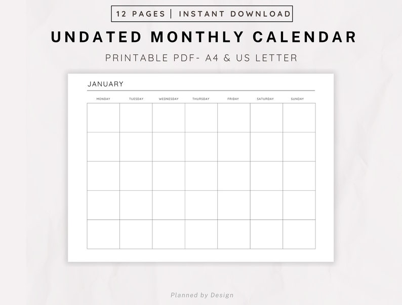 Undated Monthly Calendar, Printable Calendar, PDF, Wall Calendar ...