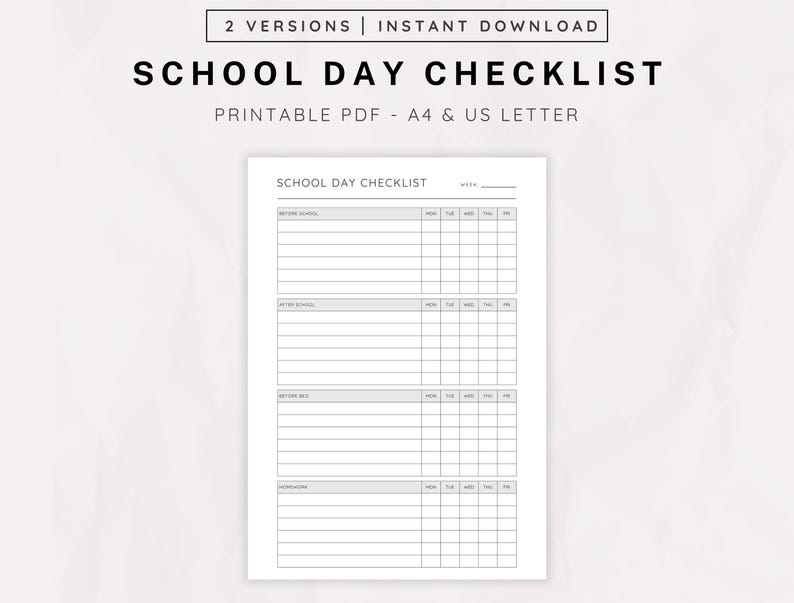 School Day Checklist, Weekly Checklist, Routine Planner, Homework ...