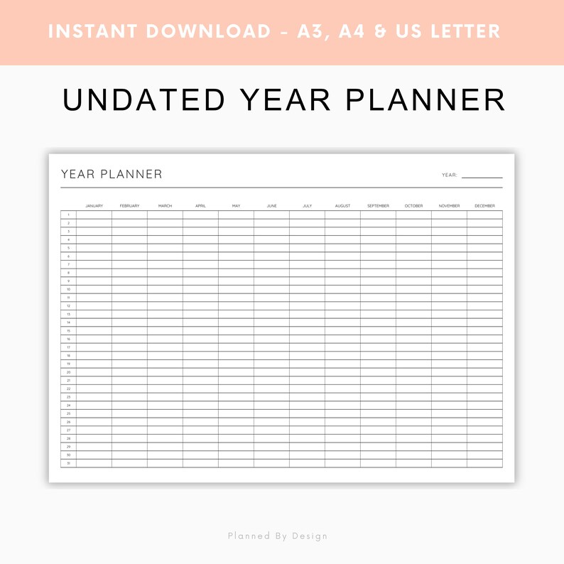 UNDATED Year Planner, Printable PDF, Annual Calendar, Wall Calendar ...