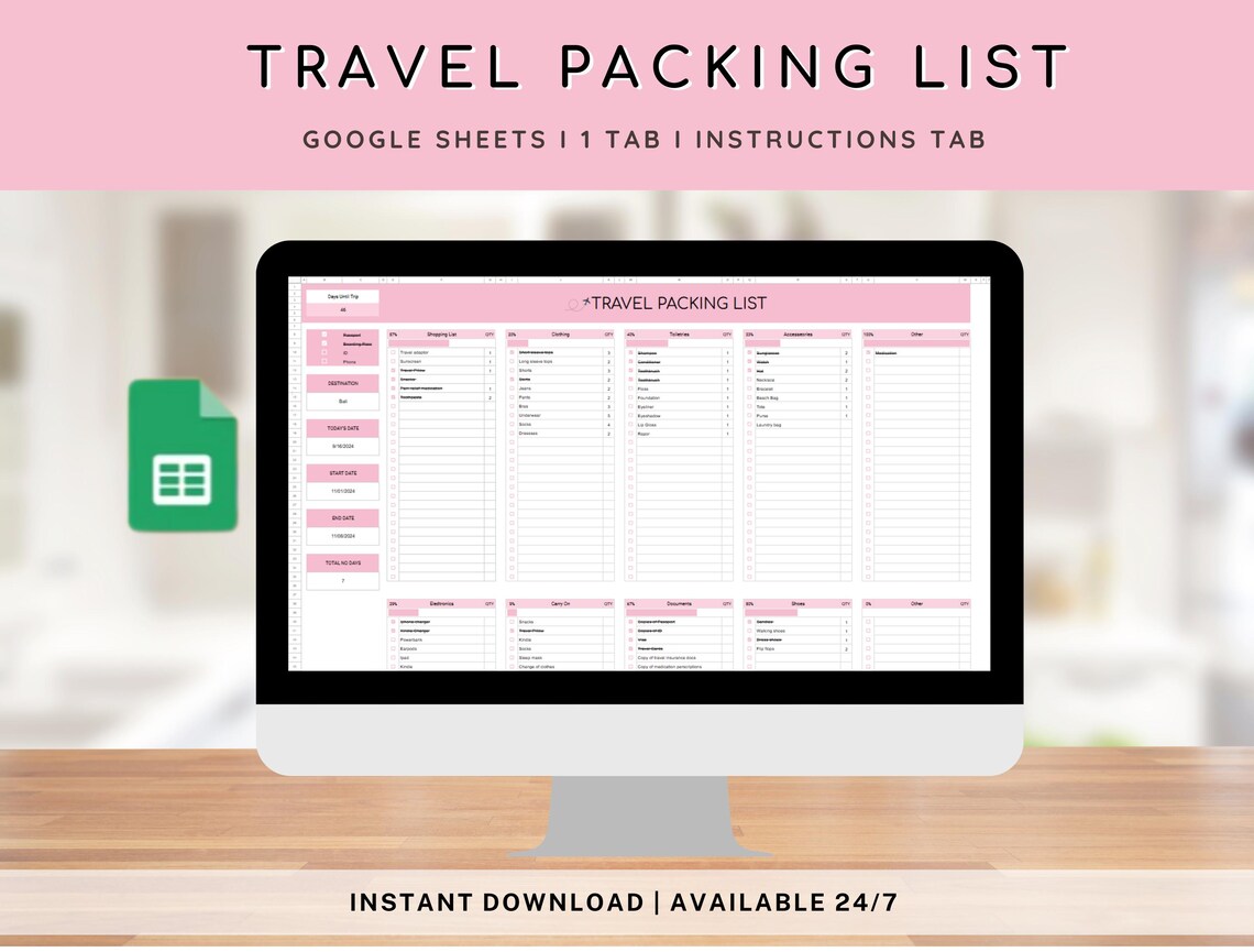 EDITABLE Travel Packing List, Google Sheets, Packing List Template ...