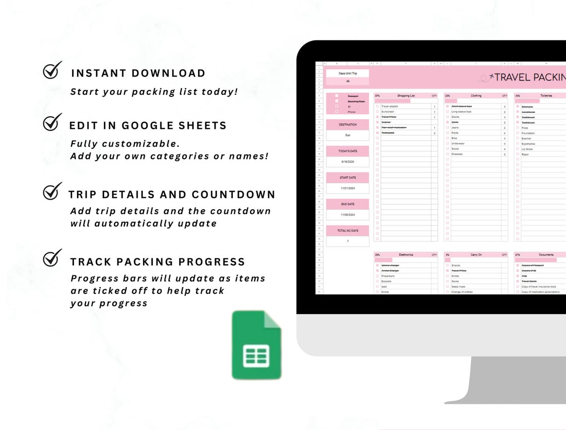 EDITABLE Travel Packing List, Google Sheets, Packing List Template ...