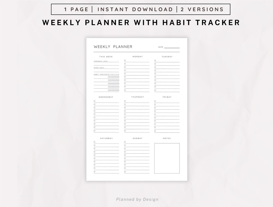 Weekly Planner With Habit Tracker, Printable PDF, Planner, Minimalist ...