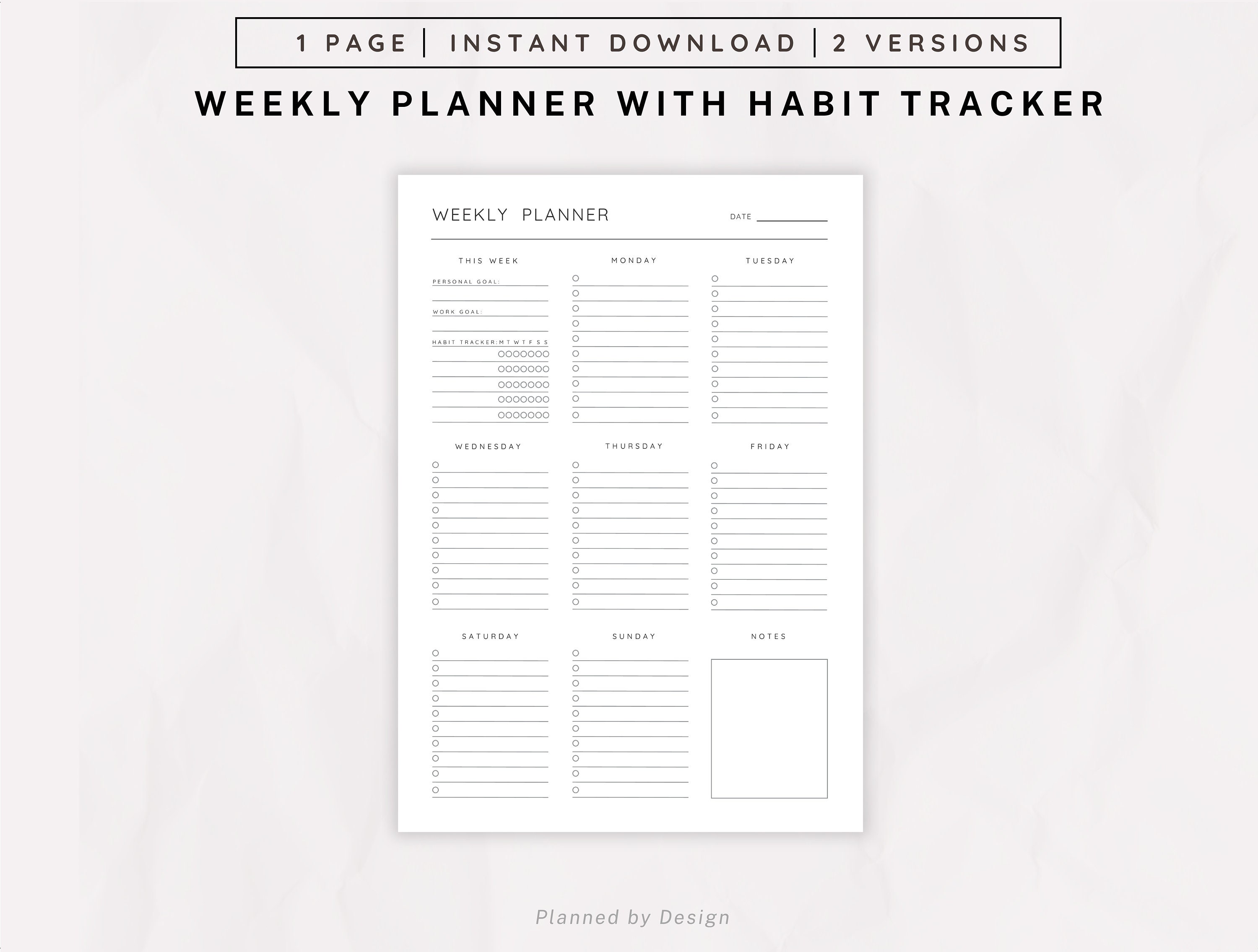 Weekly Planner With Habit Tracker, Printable PDF, Planner, Minimalist ...