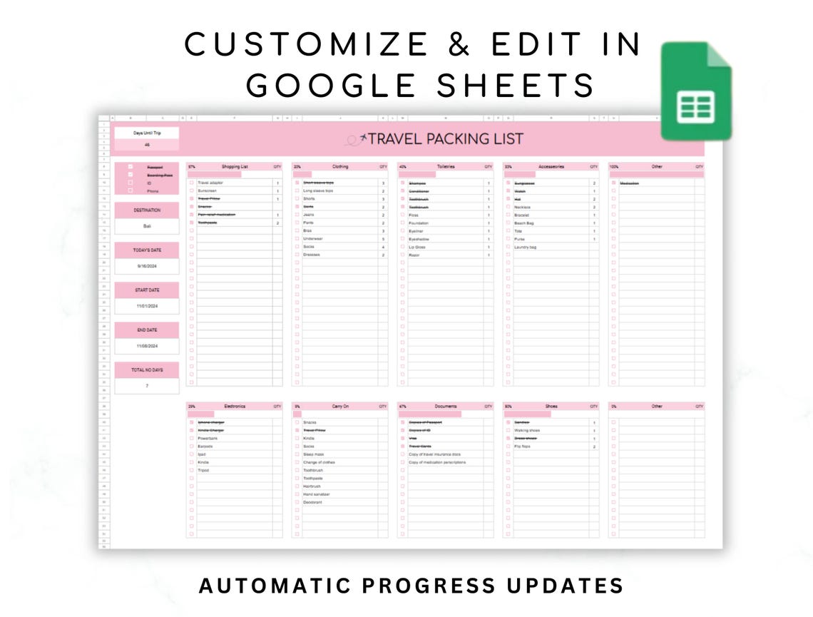 EDITABLE Travel Packing List, Google Sheets, Packing List Template ...