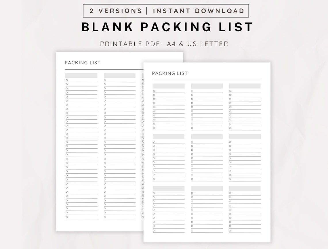 Blank Packing List, Portrait, Travel Packing List, Moving Packing List ...