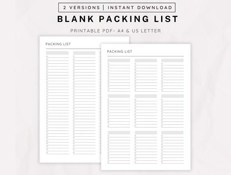 Blank Packing List, Portrait, Travel Packing List, Moving Packing List ...