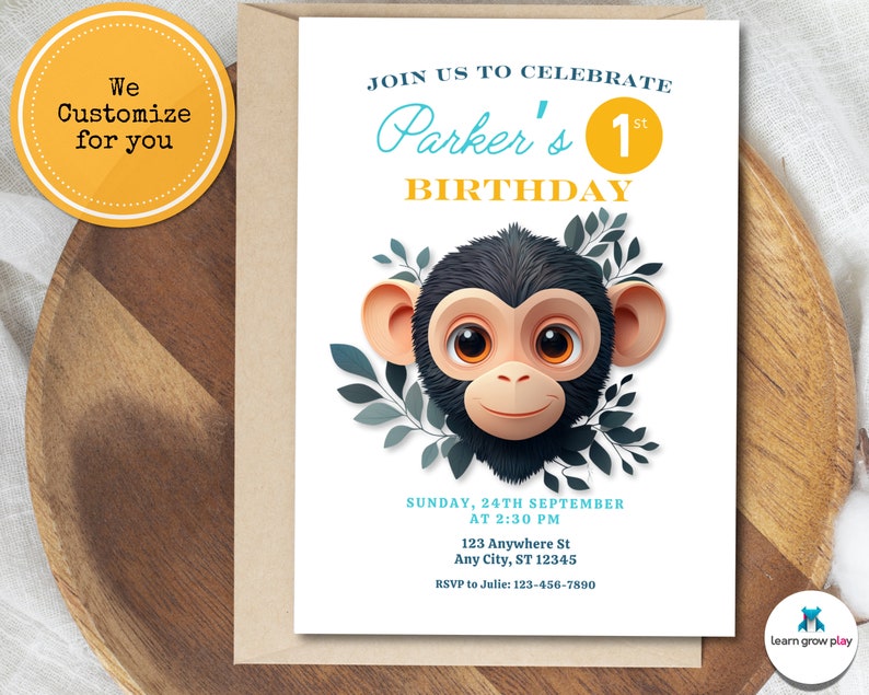 Custom Baby Monkey Birthday Invitation Personalized Child's Birthday ...
