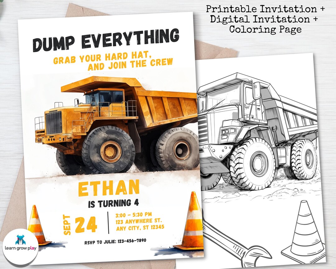 Dump Truck Birthday Invitation Construction Party Invite Editable Dump ...