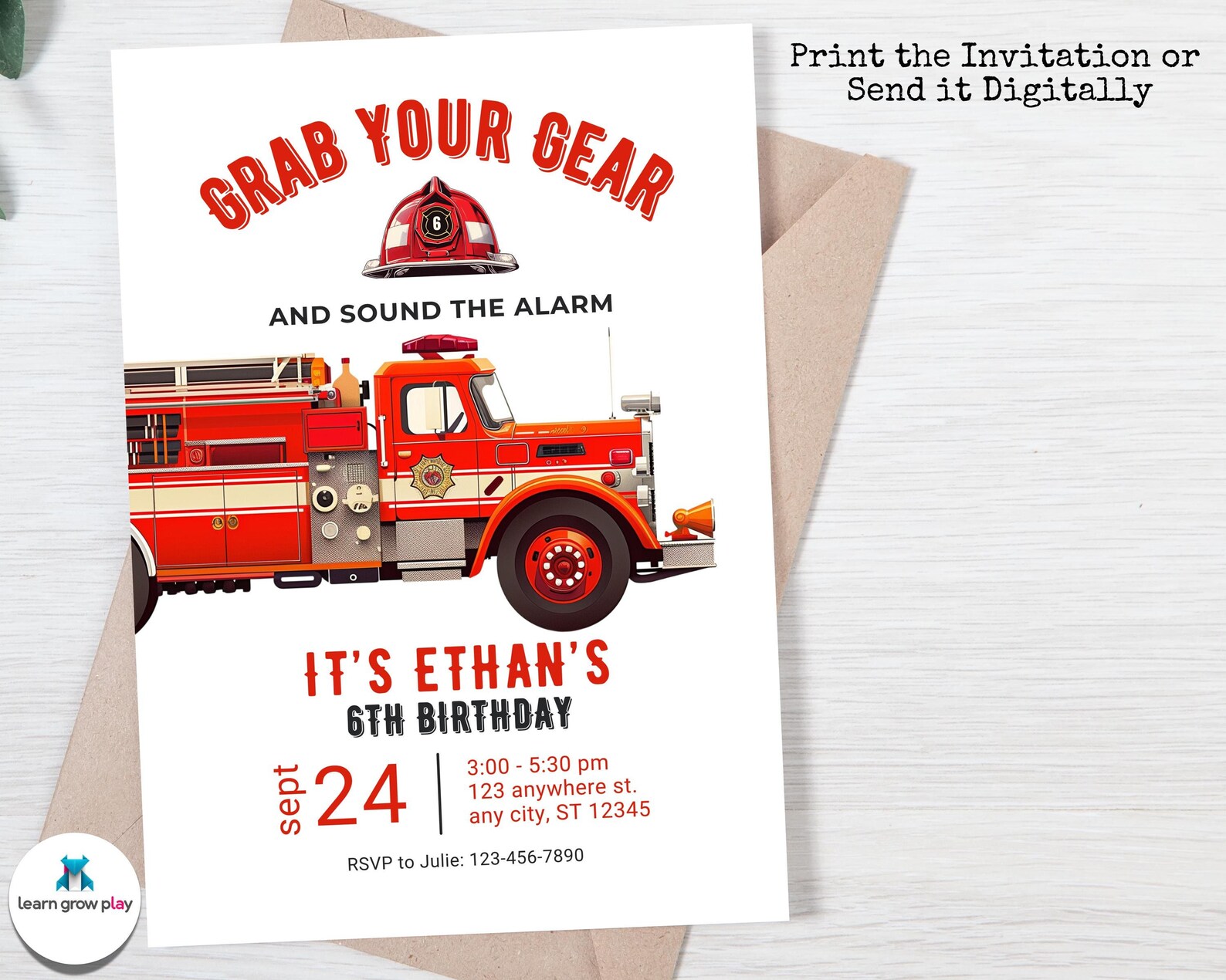 Firetruck Birthday Invitation | Fireman Party Invite | Firefighter ...