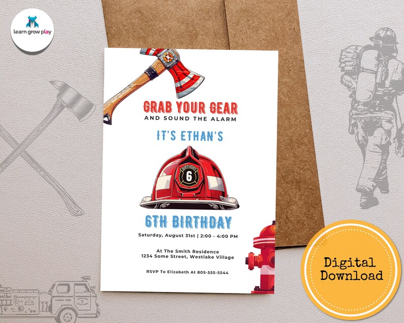 Firetruck Birthday Invitation | Fireman Party Invite | Firefighter ...