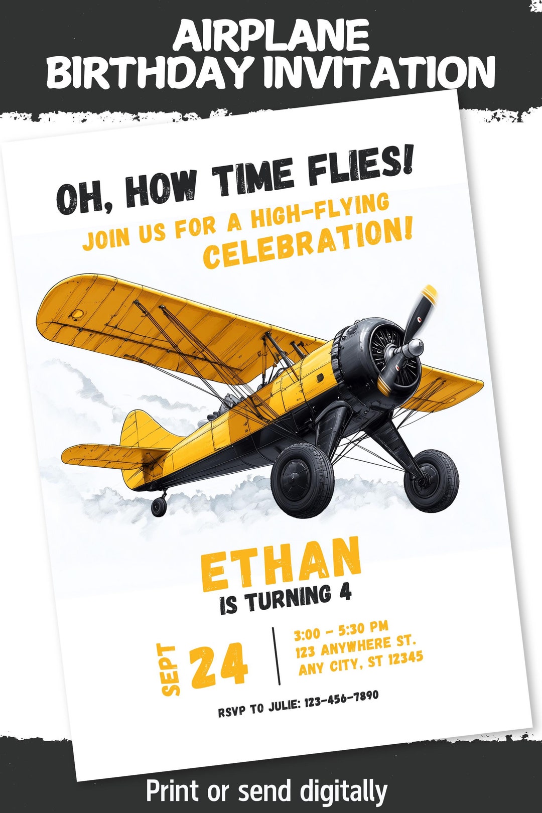 Airplane Birthday Invitation: Pilot Theme, Editable Biplane Party ...