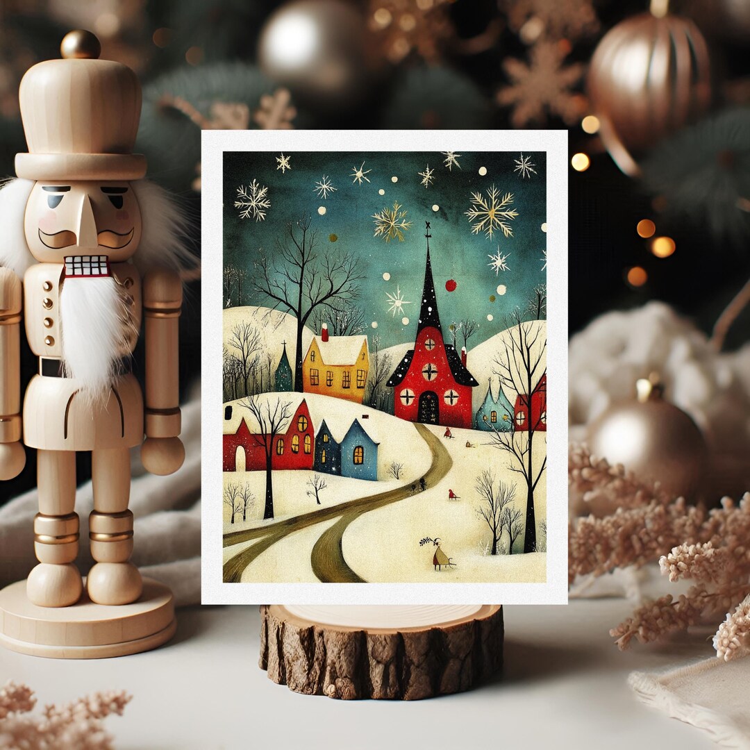 Vintage Folk Art Christmas Card Instant Download Holiday Card for Home ...