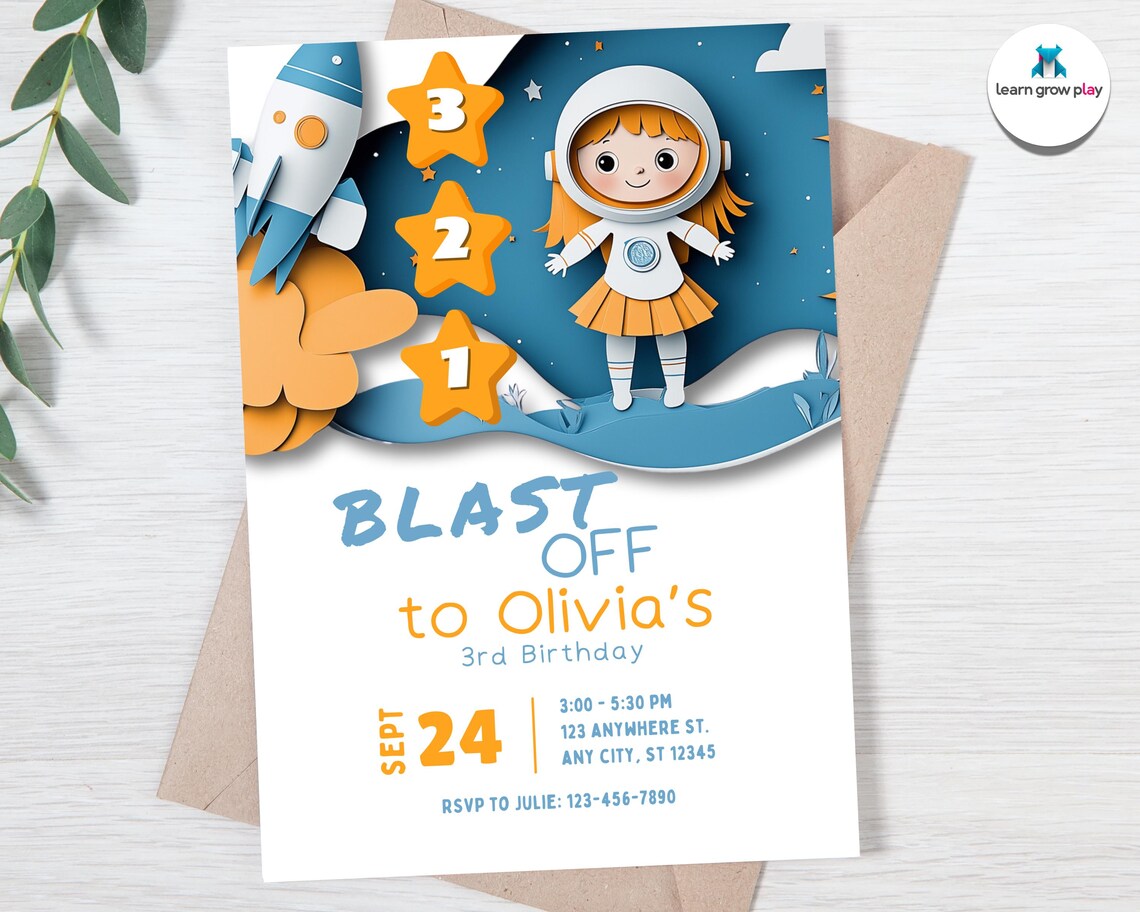 Girl's Astronaut Birthday Invitation: Rocket Ship Space Theme (editable ...