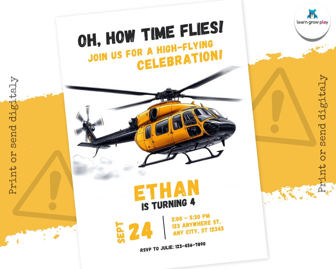 Editable Boys Helicopter Birthday Invitation | Customizable 5x7 ...