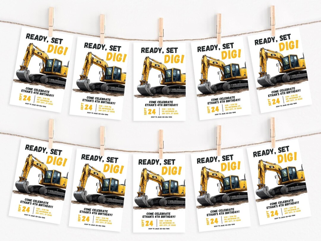 Custom Digger Birthday Invitations: Construction Theme, Set of 20 - Etsy