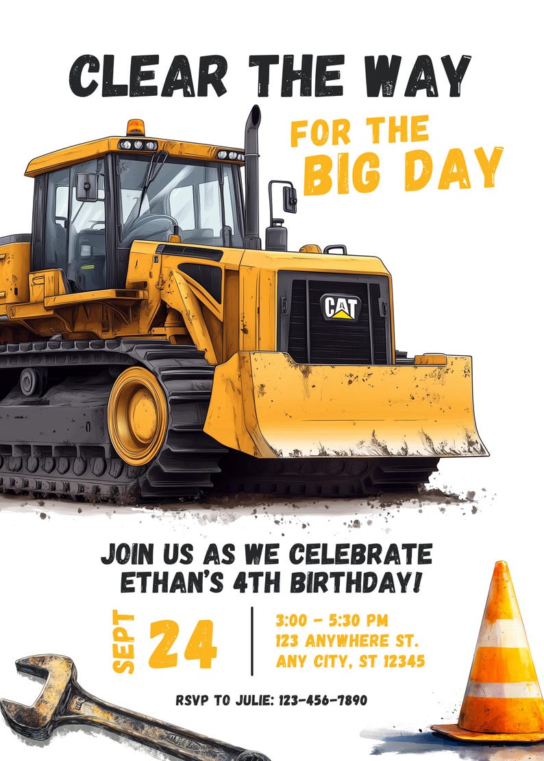 Bulldozer Birthday Invitation & Coloring Page Construction Party Invite ...