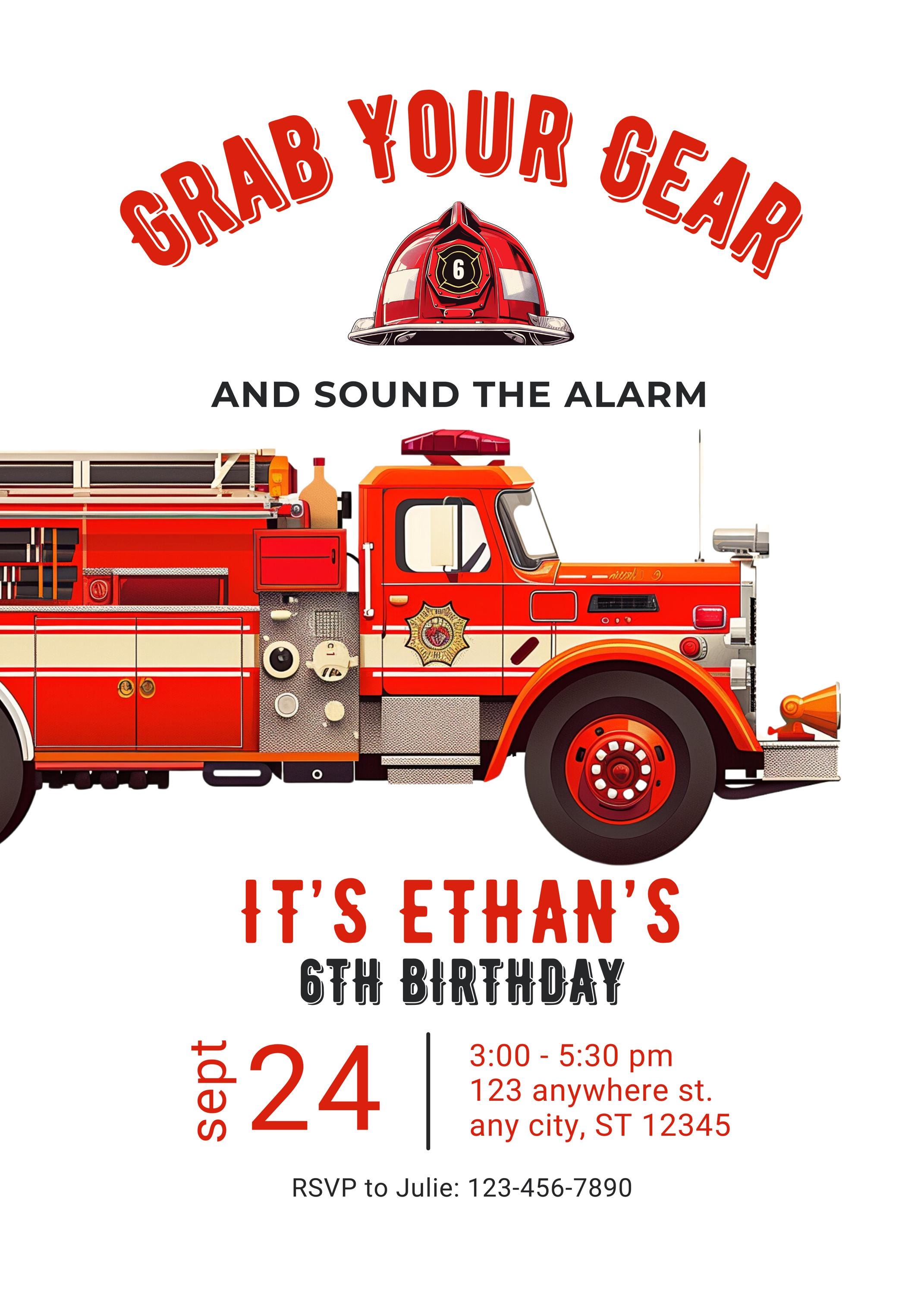 Firetruck Birthday Invitation | Fireman Party Invite | Firefighter ...