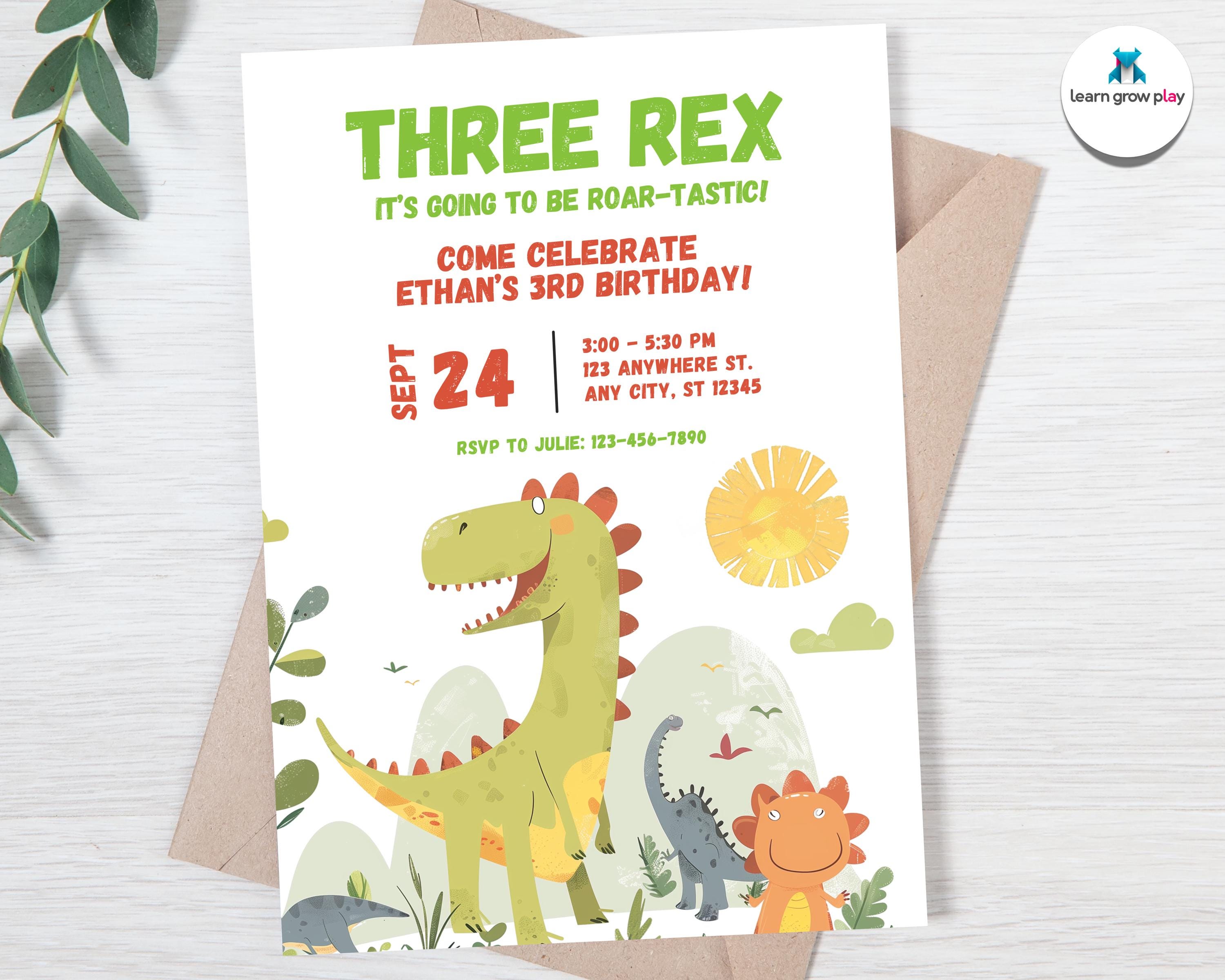 Three Rex Invitation & Thank You Tag Editable Dinosaur Birthday Invite ...