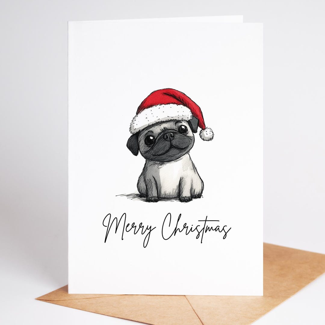 Pug Christmas Cards Set | Cute Holiday Greeting Cards | Santa Hat Pug ...