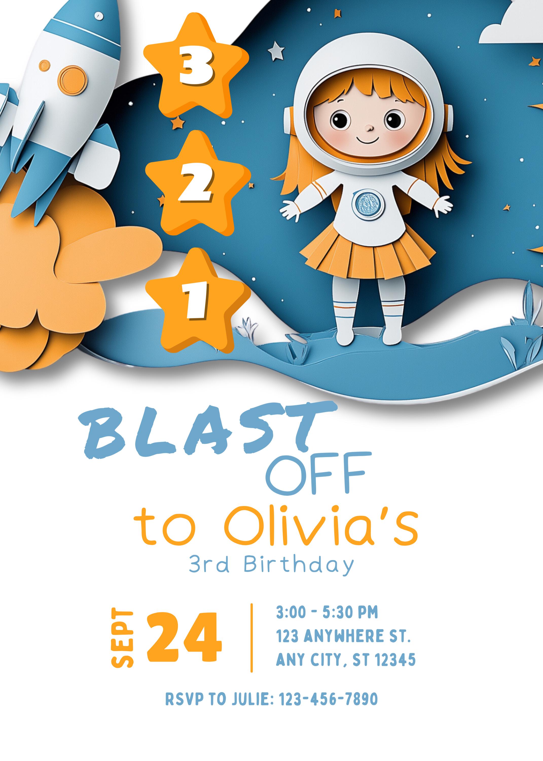 Girl's Astronaut Birthday Invitation: Rocket Ship Space Theme (editable ...