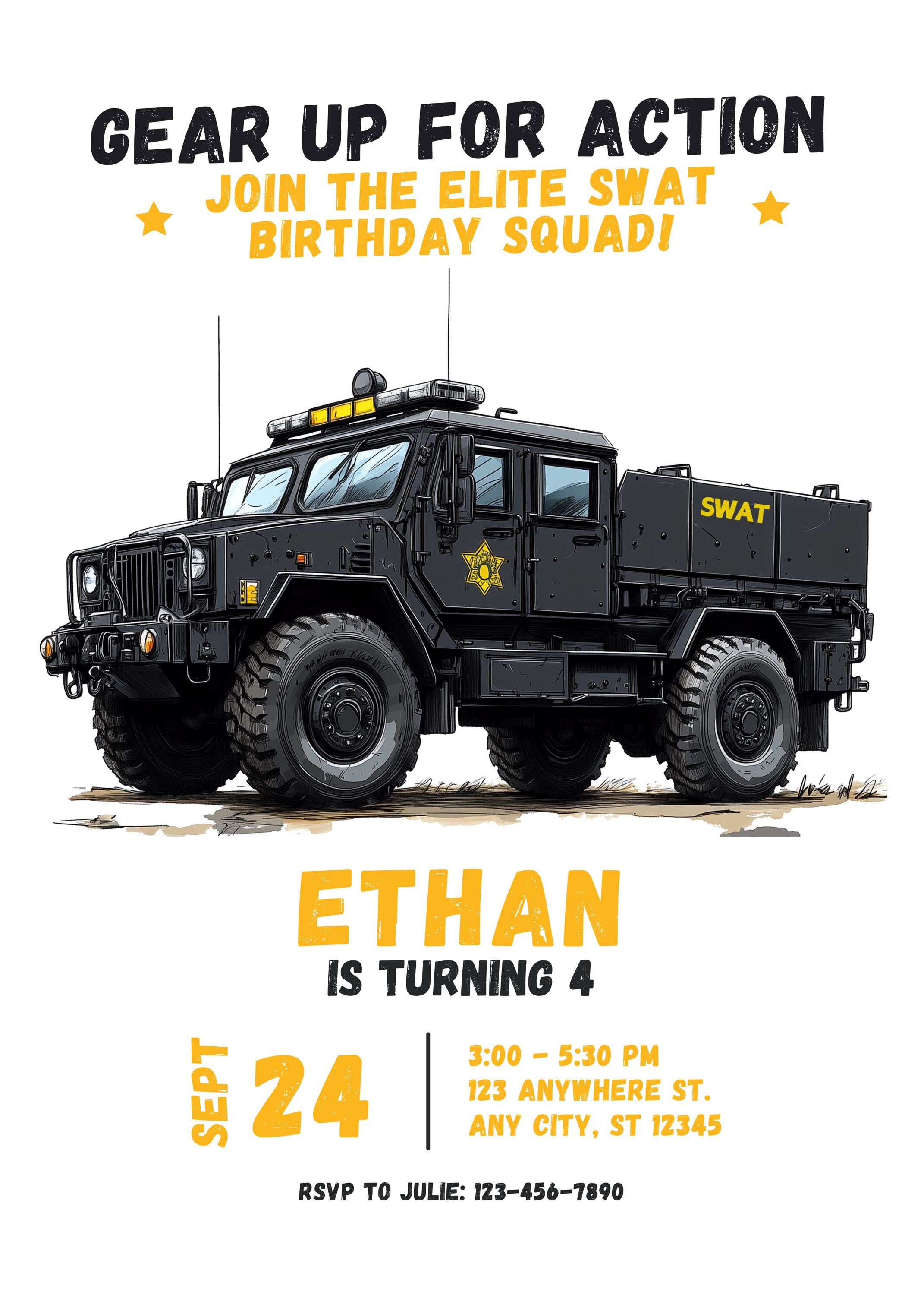 Editable Police Birthday Party Invitation in Canva With SWAT Theme ...