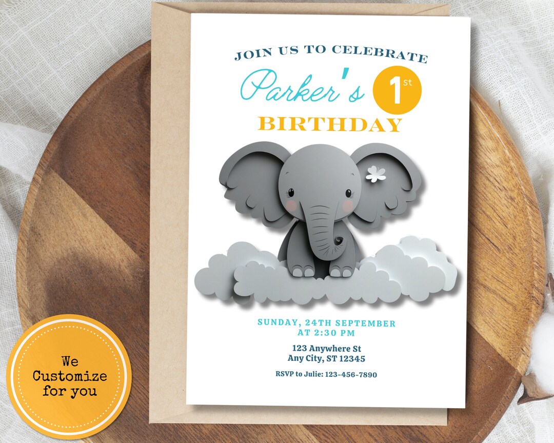 Custom Baby Elephant Birthday Invitation Personalized Child's Birthday ...