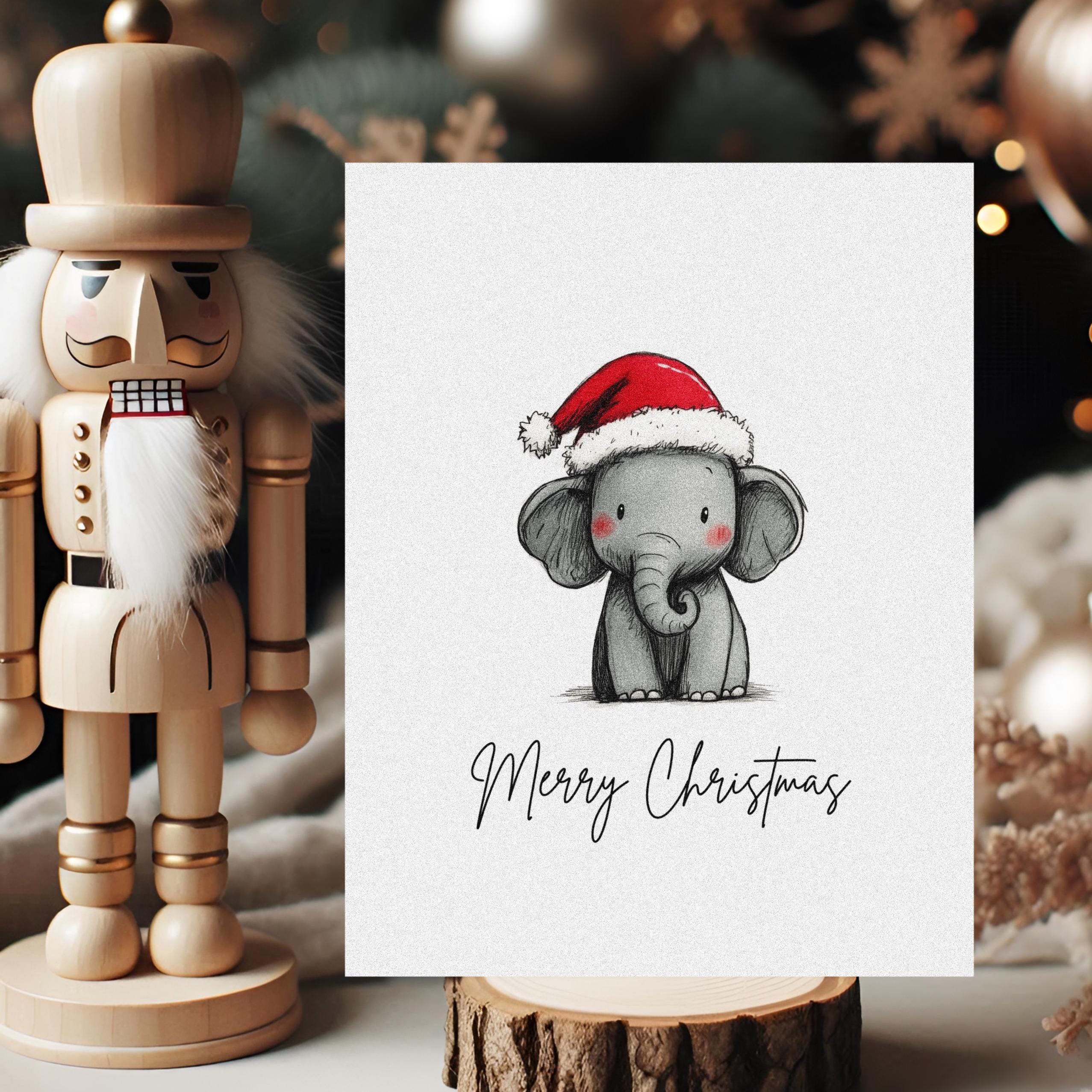 Adorable Elephant Christmas Card Cute Santa Hat Design for Festive ...