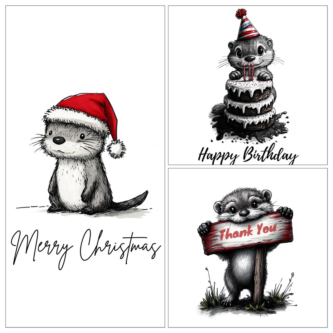 Christmas Card Otter Cute Otter Birthday Card Thank You Card for Animal ...