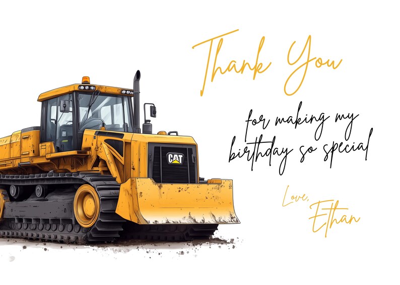 Bulldozer Thank You Card | Construction Party Thanks | Editable ...