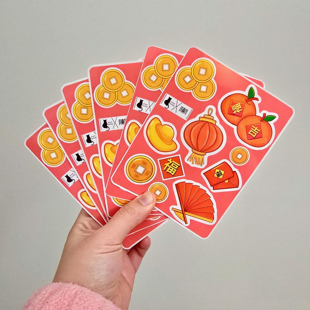 Lunar New Year Stickers – Cute Lanterns, Red Packets, Tangerines, Fans ...