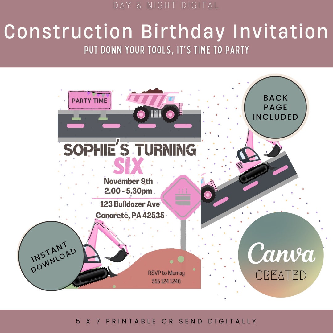 Excavator Party Invitation Pink Truck Construction Site Birthday Invite ...