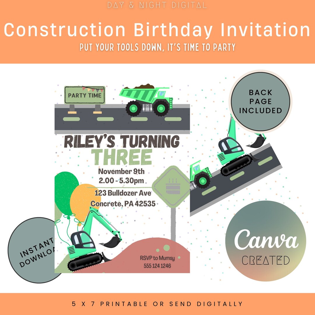 Excavator Party Invitation Which Downloads Instantly With Green ...