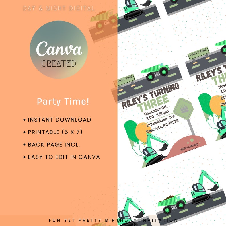 Excavator Party Invitation Which Downloads Instantly With Green ...
