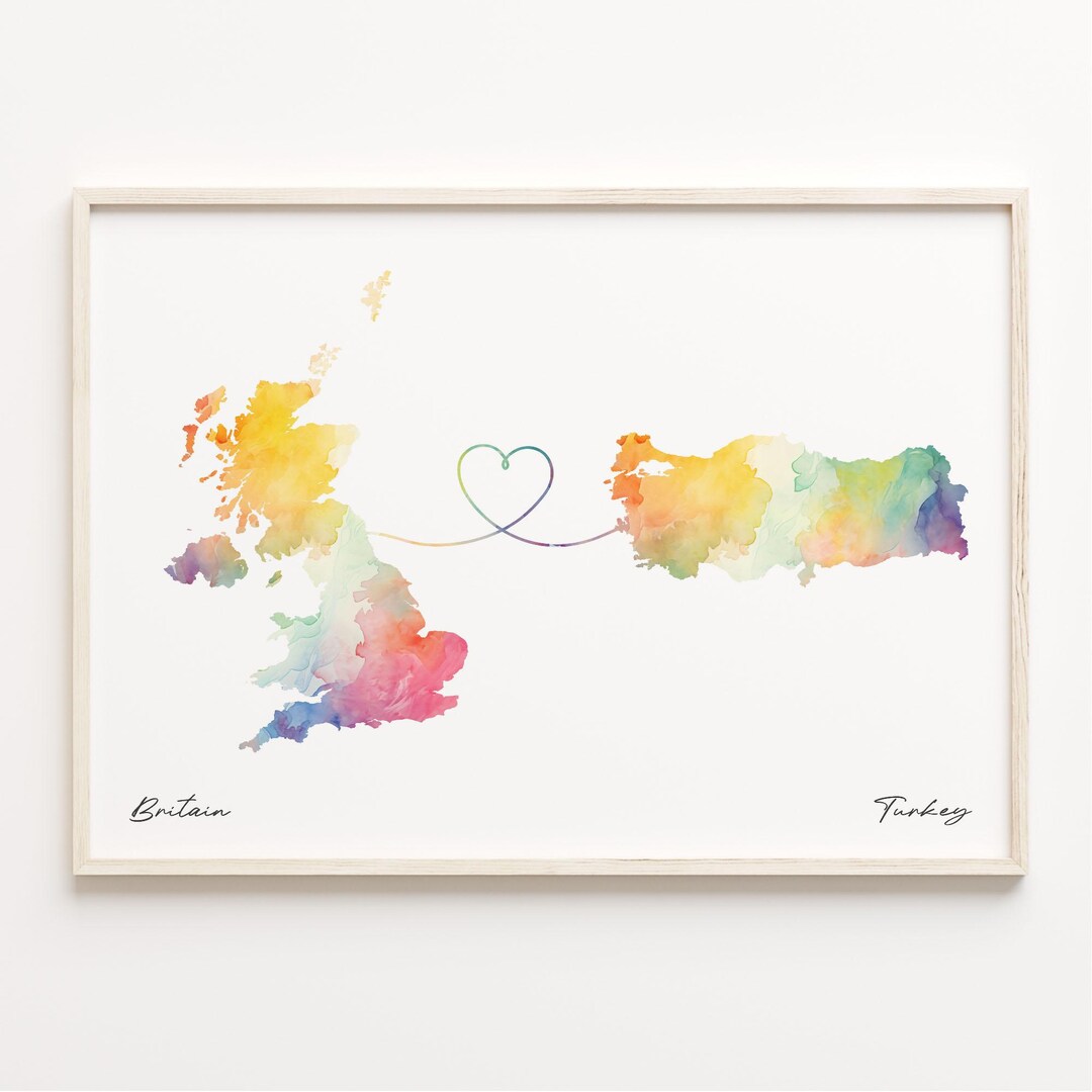 UK to Turkey Watercolor Map Print: Country Connection Art - Etsy
