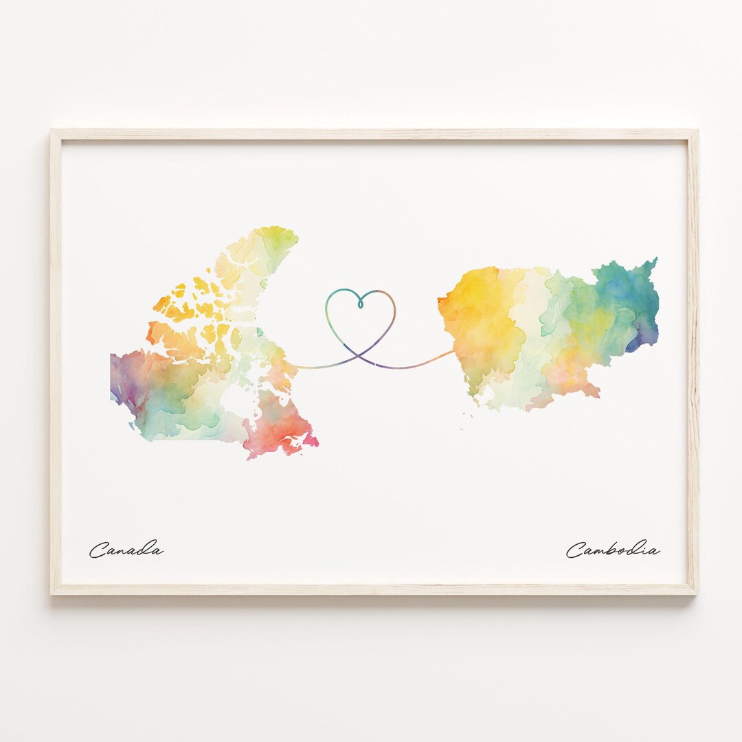 Canada to Cambodia Print, Watercolor Map Poster, Cambodian Gift, Travel ...
