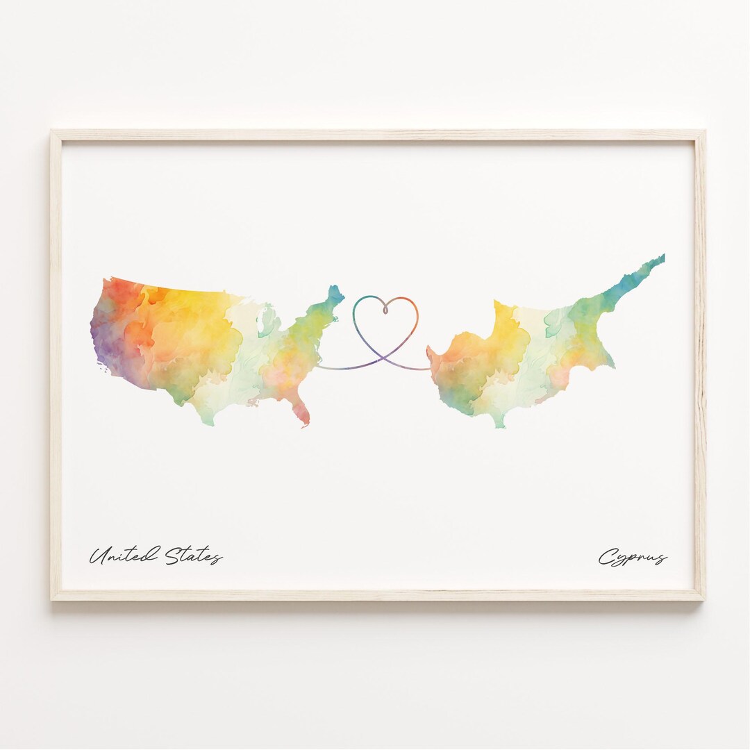 US to Cyprus Print, Watercolor Map Poster, Cypriot Gift, US Wall Art ...