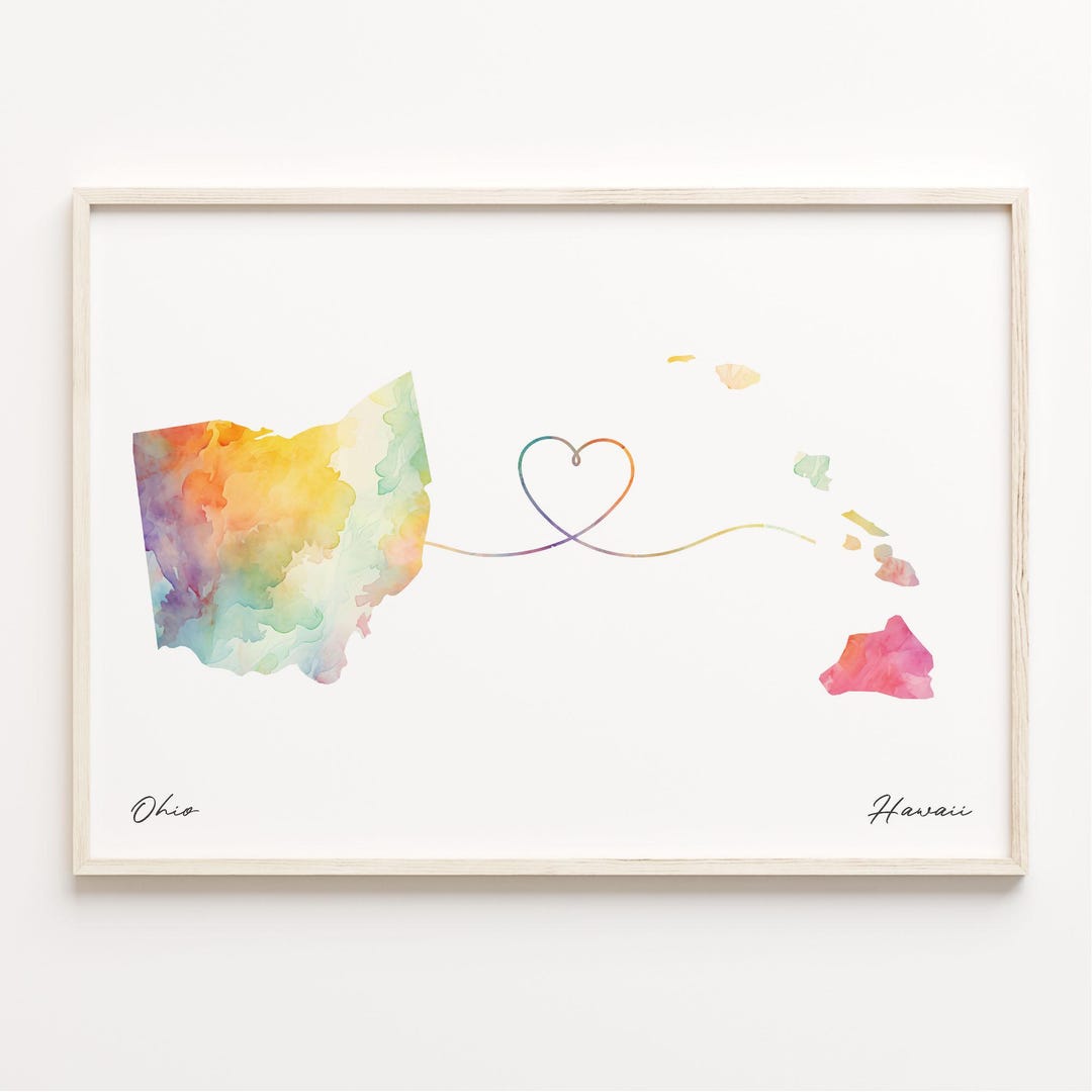 Ohio to Hawaii Print, Watercolor Map Poster, Hawaiian Gift, Travel Wall ...