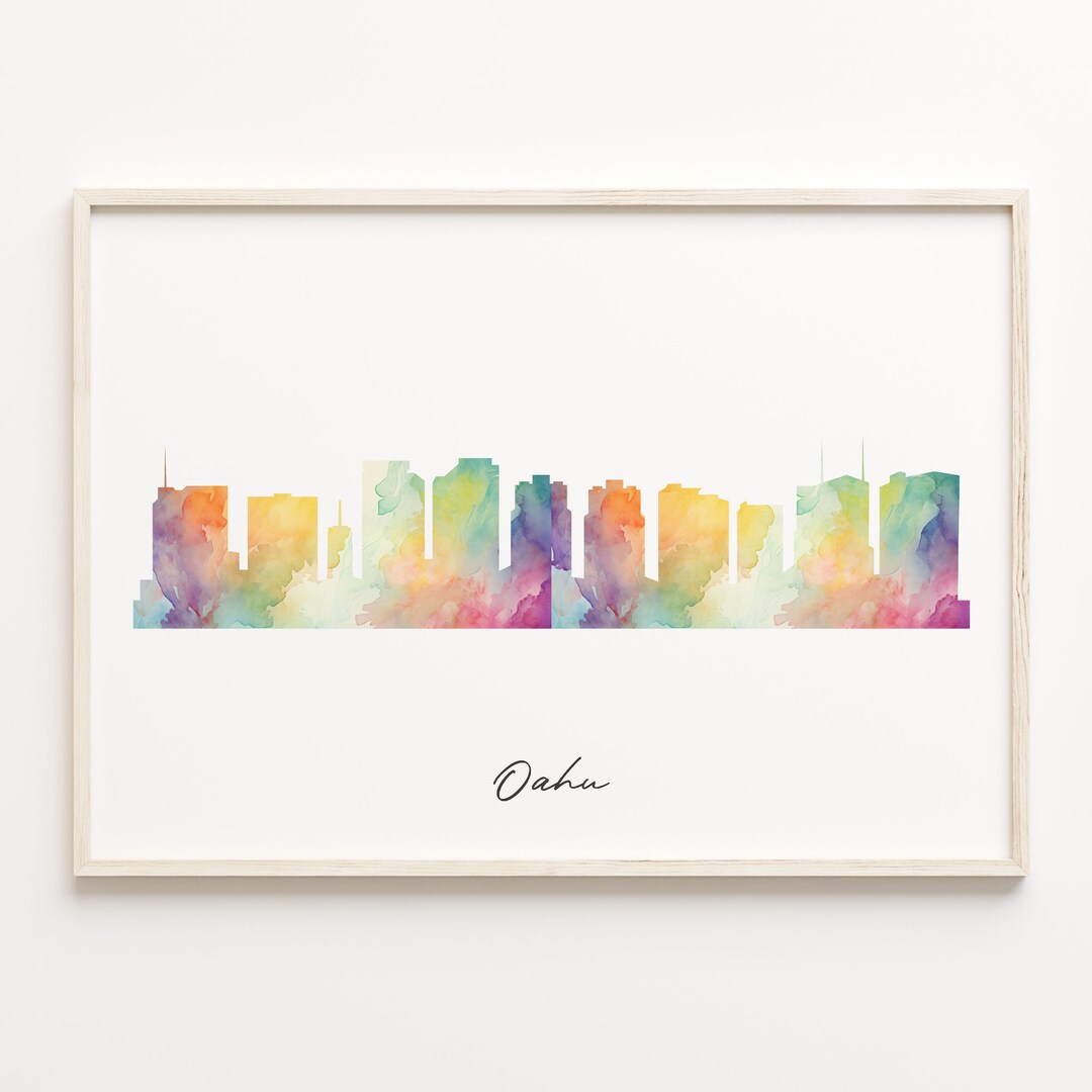 Oahu Skyline Print, Watercolor Cityscape, Hawaii Wall Art Poster ...