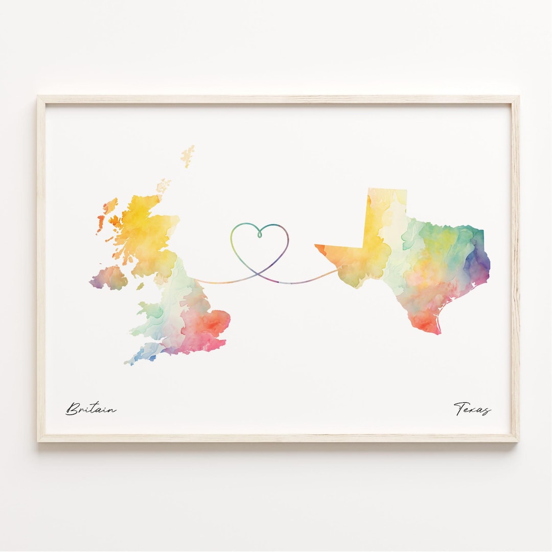 Britain to Texas Print, Watercolor Map Poster, Texan Gift, Travel Wall ...