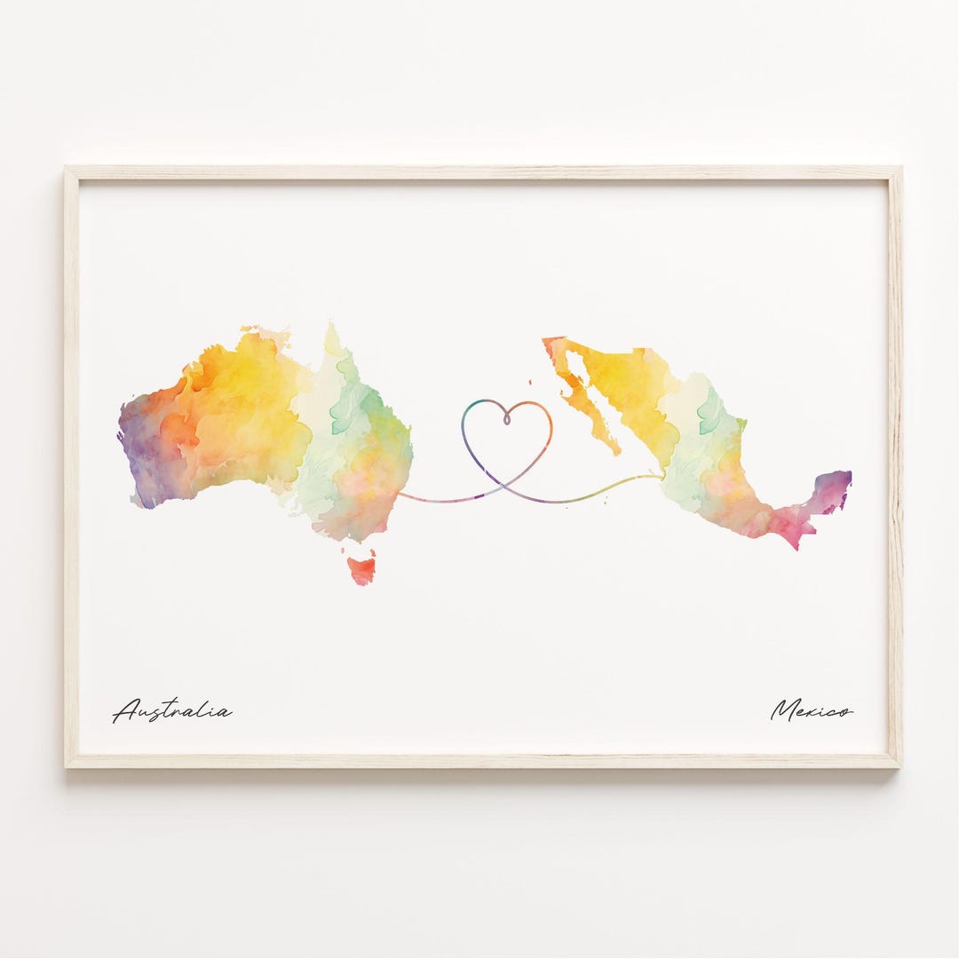 Australia to Mexico Print, Watercolor Map Poster, Mahoran Gift, Travel ...