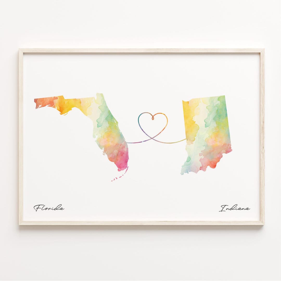 Florida to Indiana Print, Watercolor Map Poster, Hoosier Gift, Travel ...