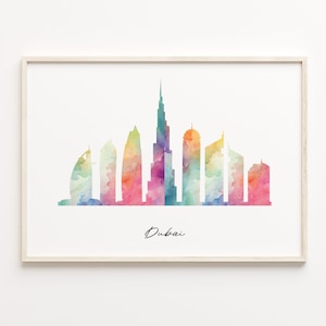 Dubai Skyline Print, Watercolor Cityscape, UAE Wall Art Poster, Rainbow ...