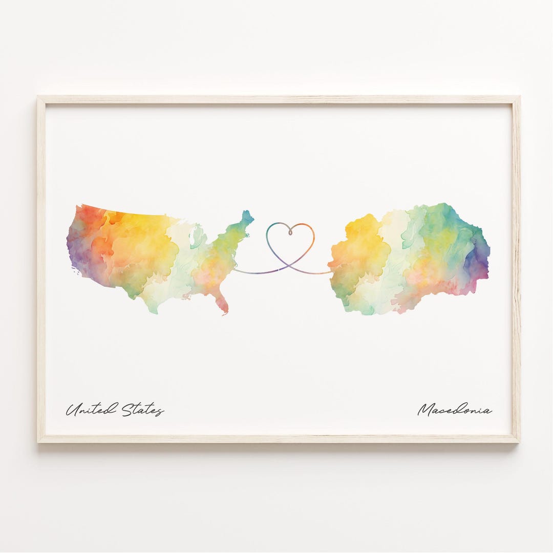 US to Macedonia Print, Watercolor Map Poster, Macedonian Gift, US Wall ...