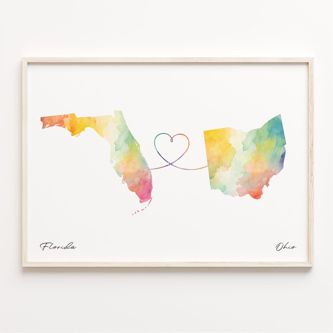 Florida to Ohio Print, Watercolor Map Poster, Ohioan Gift, Travel Wall ...