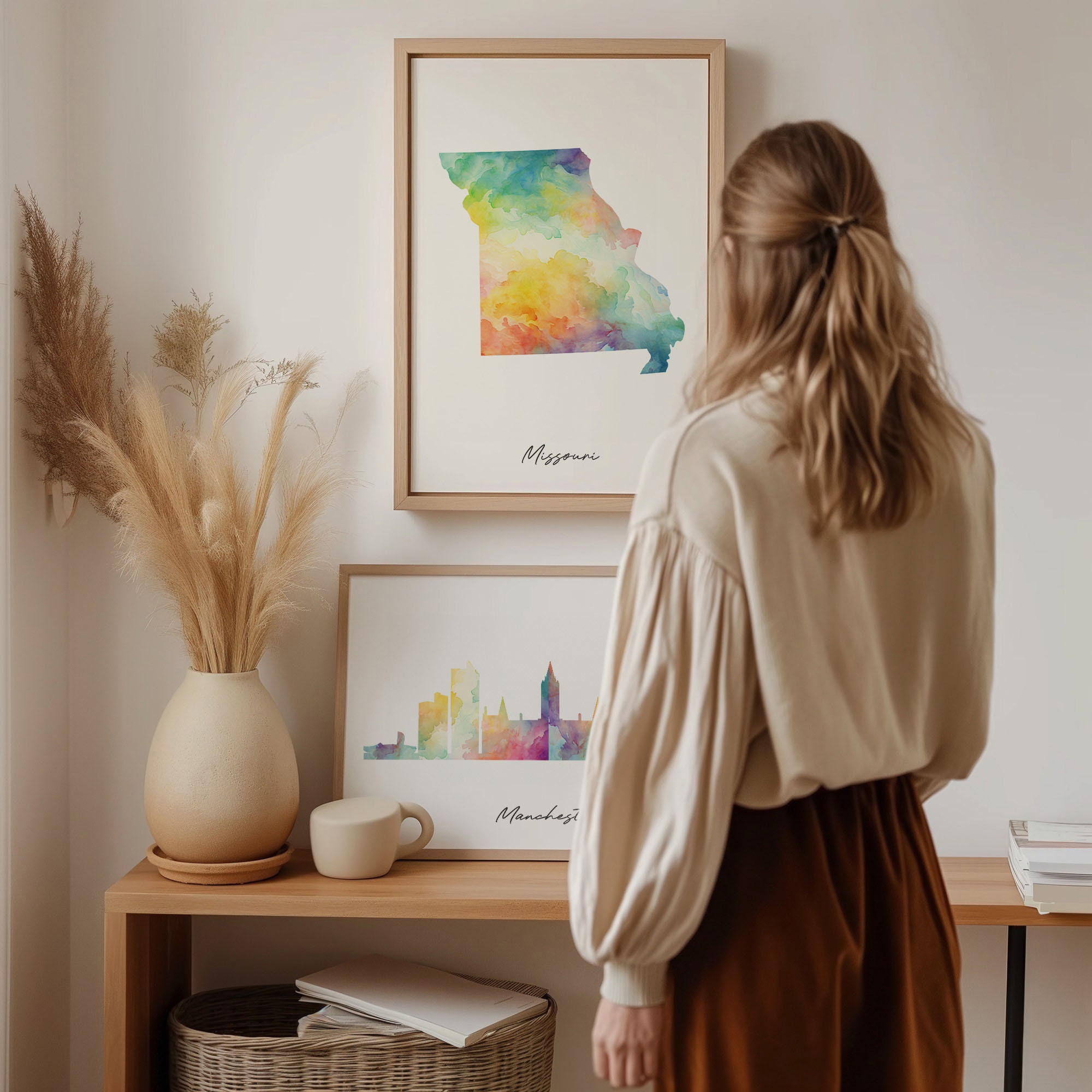 Manchester Skyline Print, Watercolor Cityscape, United Kingdom Wall Art ...