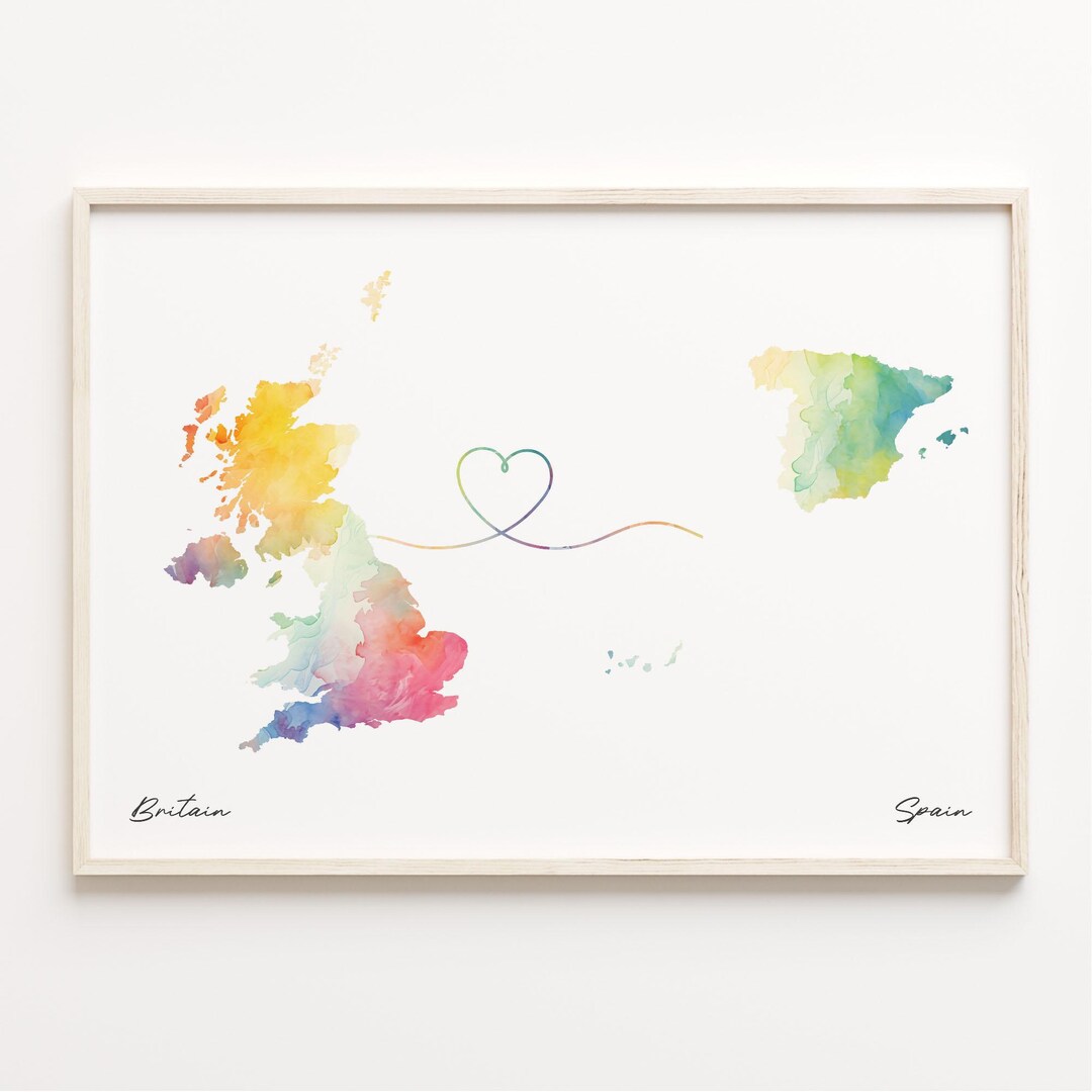 UK to Spain Print, Watercolor Map Poster, Spanish Gift, United Kingdom ...